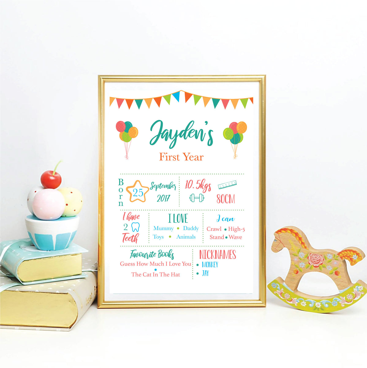 Personalised Orange and Green Bunting First Birthday Milestone Sign ...